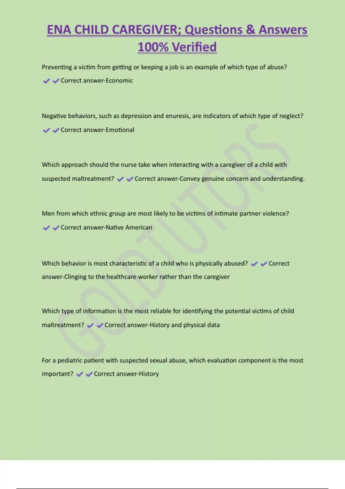 ENA CHILD CAREGIVER; Questions & Answers 100% Verified - CAREGIVER ...