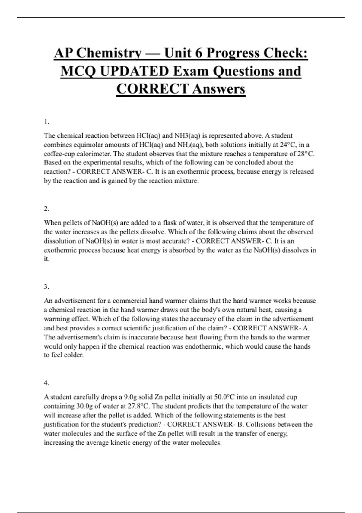 AP Chemistry — Unit 6 Progress Check: MCQ UPDATED Exam Questions and ...