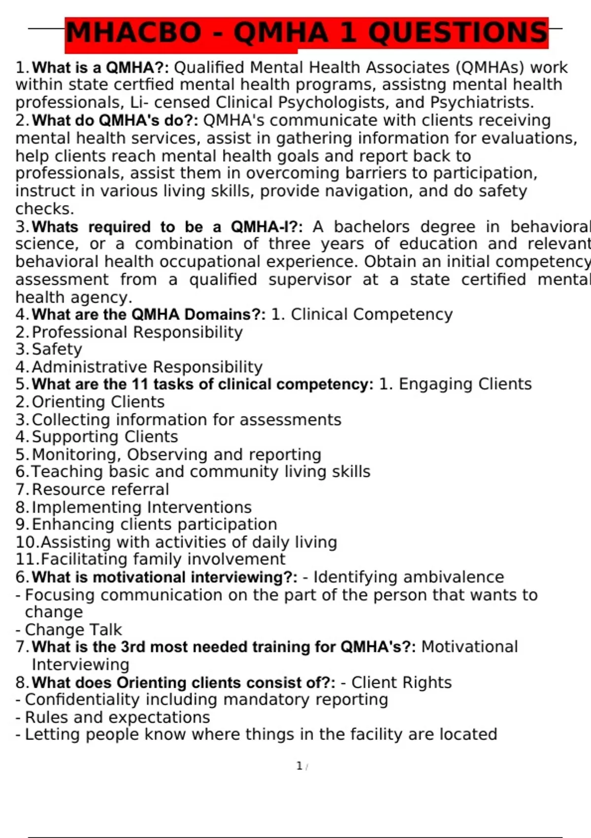 MHACBO - QMHA 1 QUESTIONS AND ANSWERS - MHACBO - QMHA 1 - Stuvia US