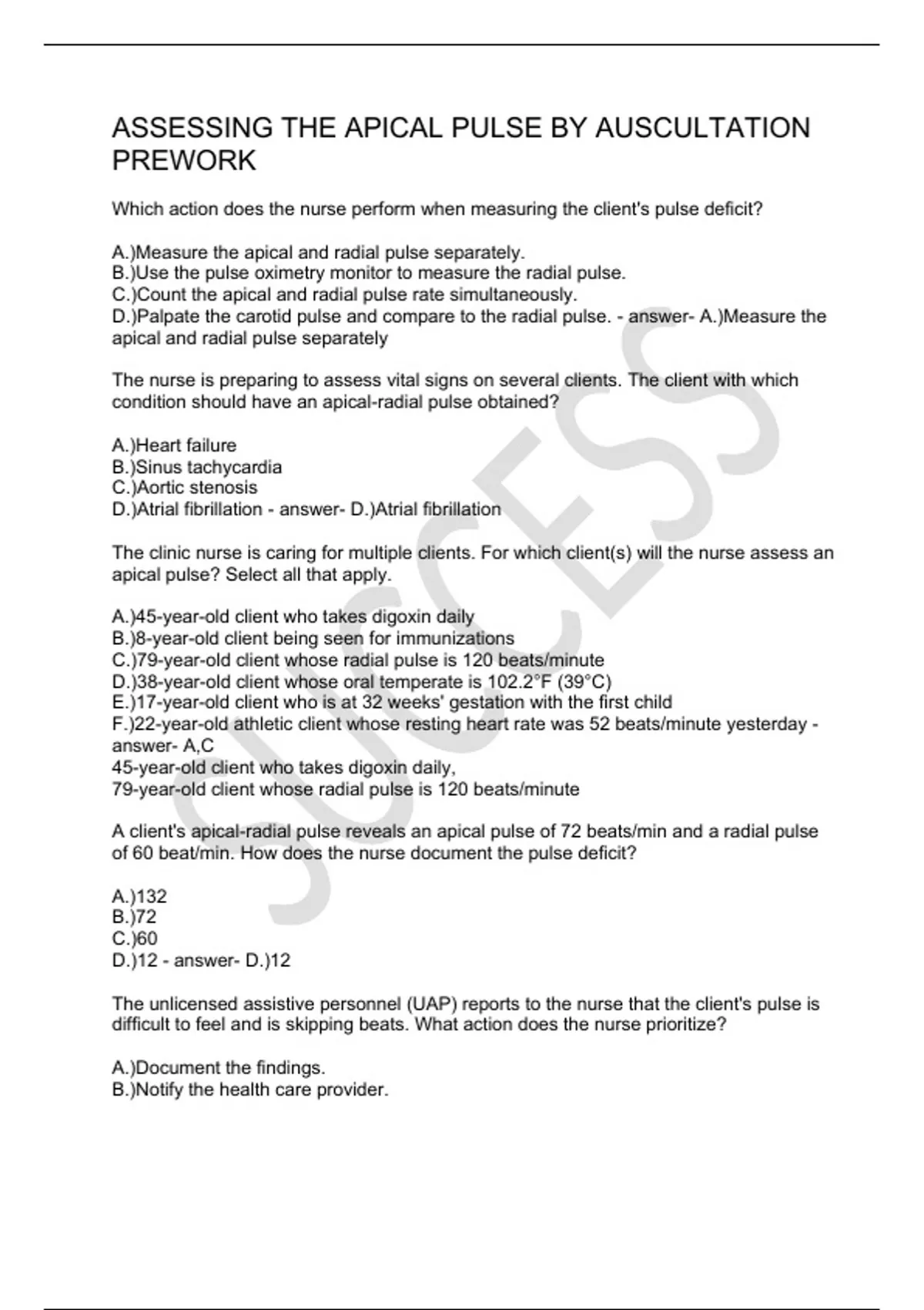 ASSESSING THE APICAL PULSE BY AUSCULTATION PREWORK - ASSESSING THE ...