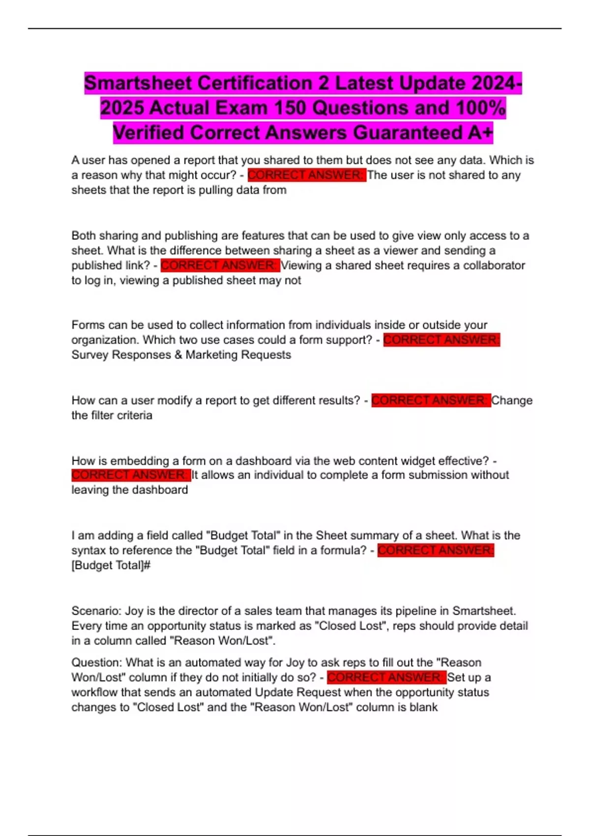 Smartsheet Certification 2 Latest Update Actual Exam 150 Questions and ...