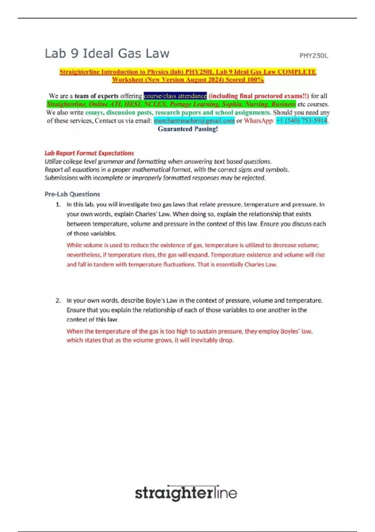 Straighterline Introduction to Physics (lab) PHY250L Lab 9 Ideal Gas ...