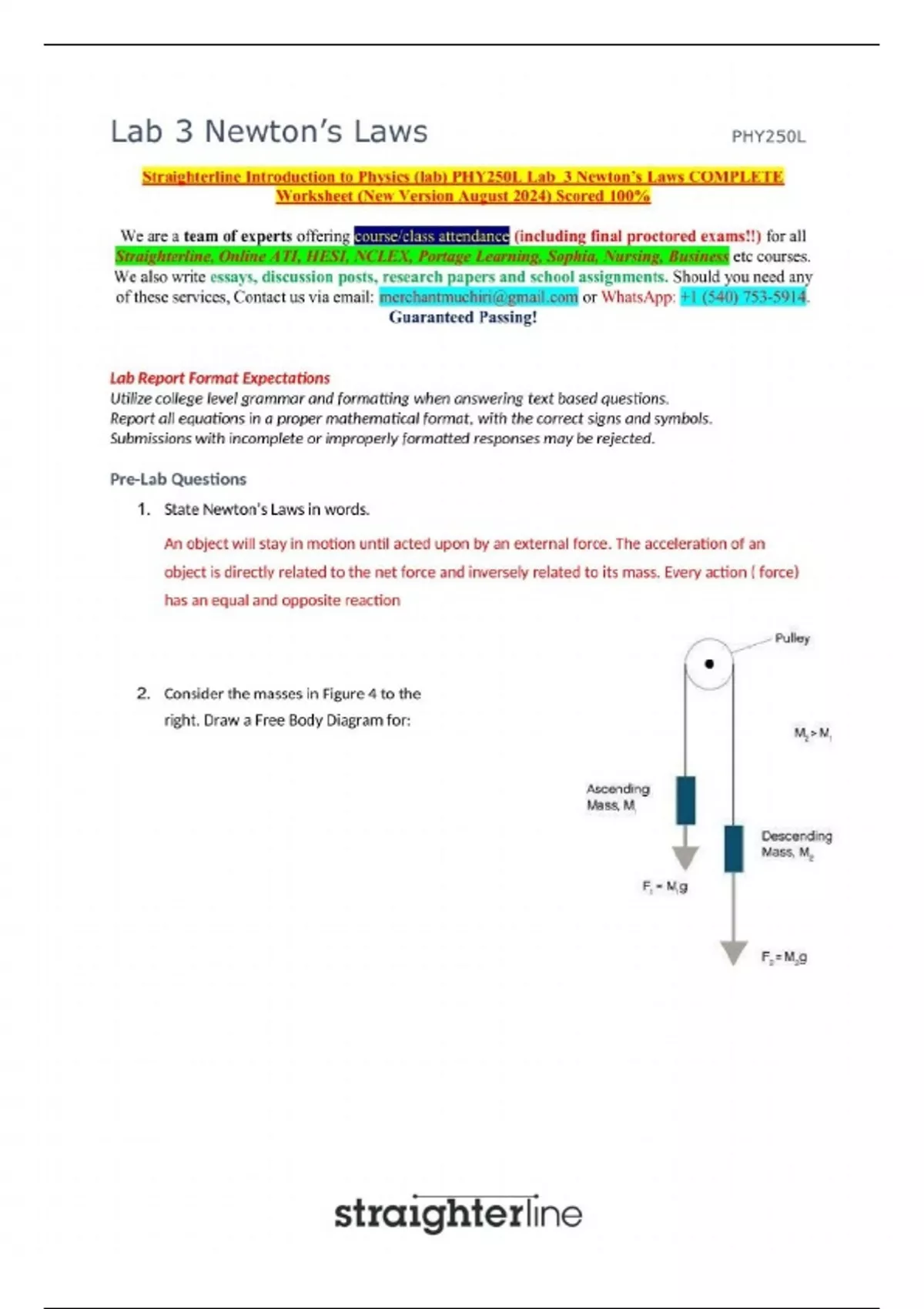 Straighterline Introduction to Physics (lab) PHY250L Lab 3 Newton’s Laws COMPLETE Worksheet (New ...