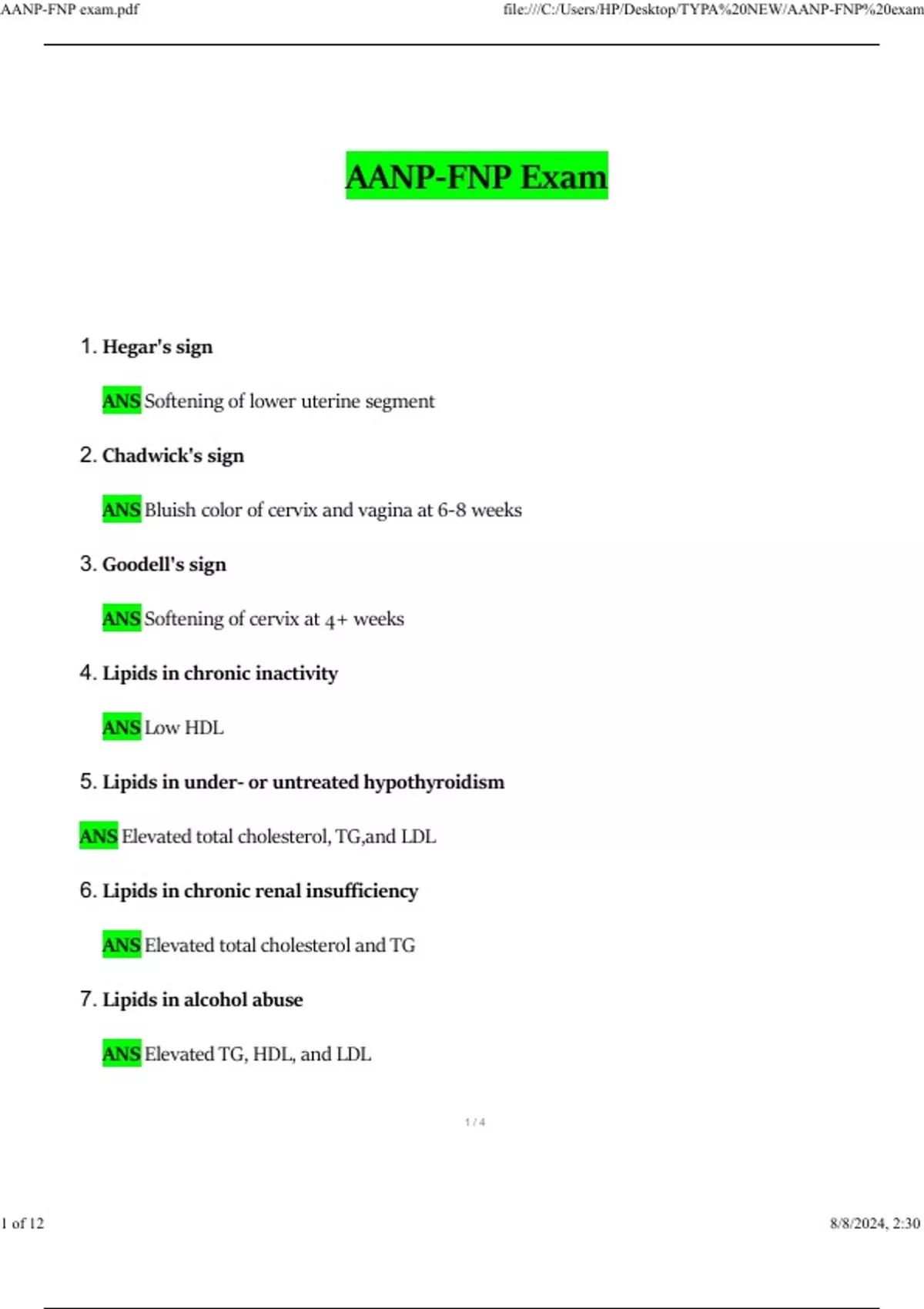 AANP-FNP Exam Updated (2024 / 2025) Questions and Verified Answers, 100 ...