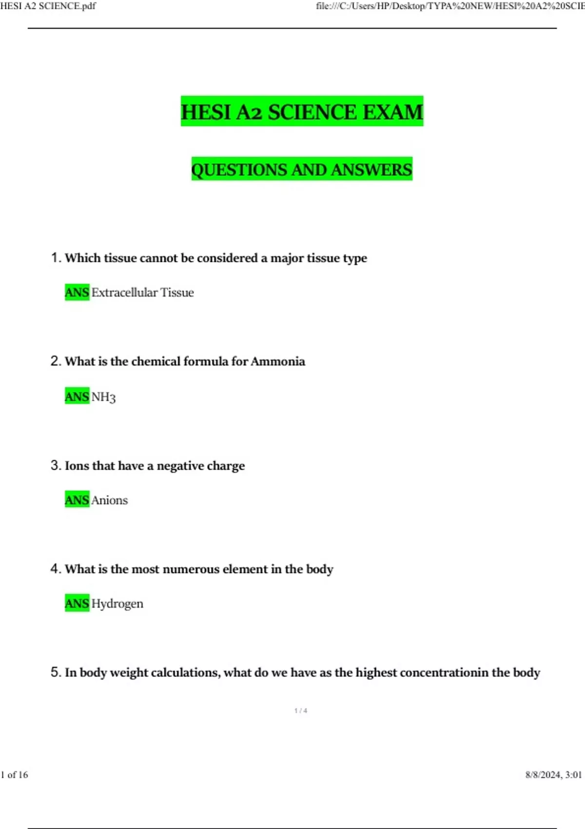 (2024) HESI A2 SCIENCE EXAM Updated (2024 / 2025) Questions and ...