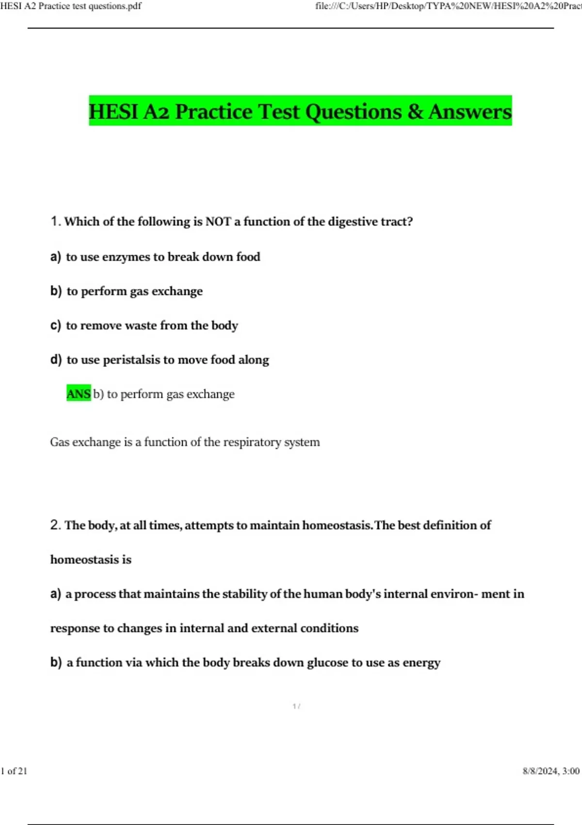 (2024) HESI A2 Practice Test Updated (2024 / 2025) Questions and ...