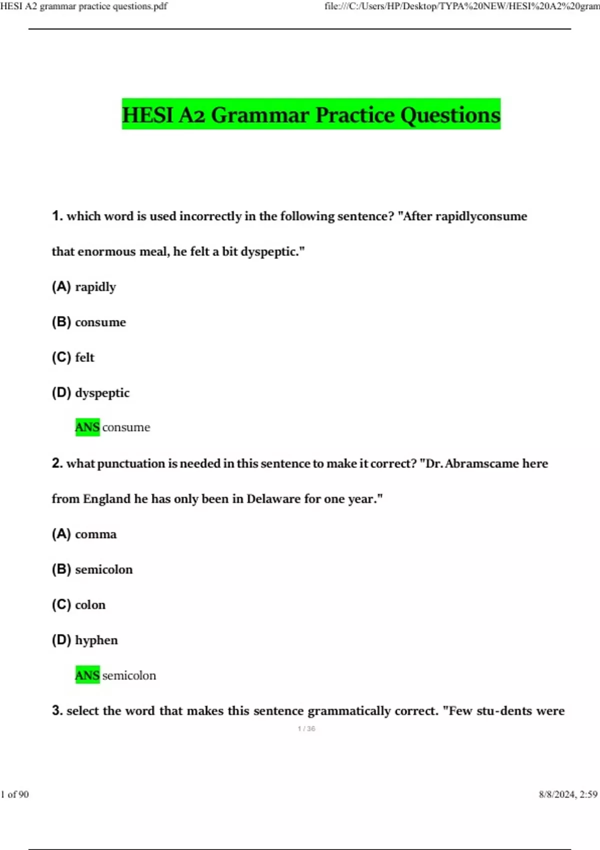 HESI A2 Grammar Practice Questions Updated (2024 / 2025) Questions and ...