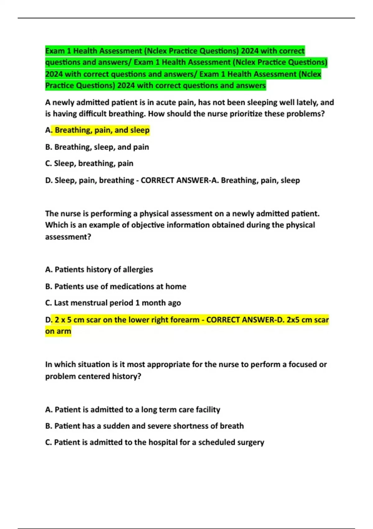 Exam 1 Health Assessment (Nclex Practice Questions) 2024 with correct ...