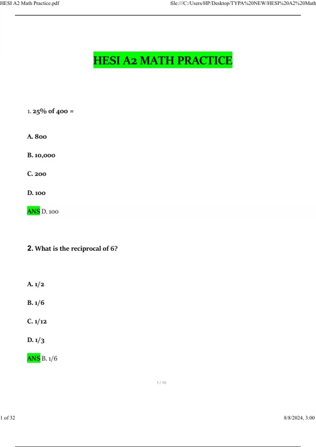 (2024) HESI A2 Math Practice Updated (2024 / 2025) Questions and ...