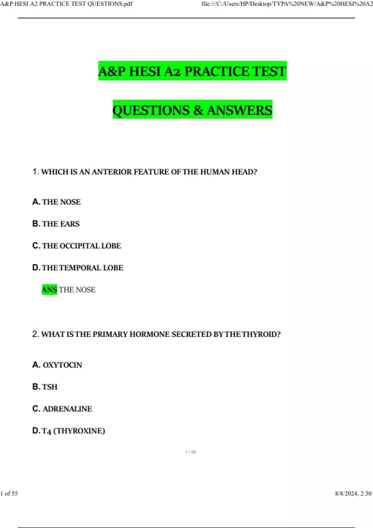 A&P HESI A2 PRACTICE TEST Updated (2024 / 2025) Questions and Verified ...