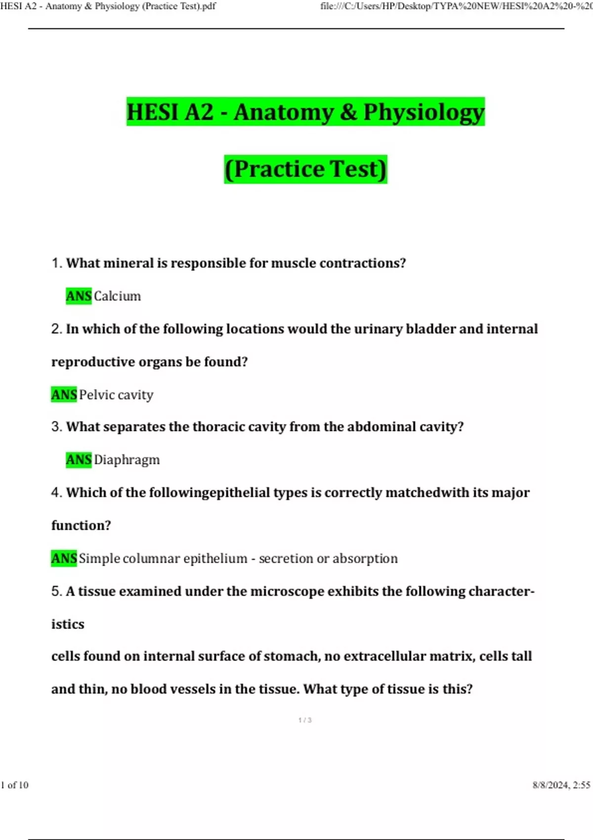 (2024) HESI A2 - Anatomy & Physiology (Practice Test) Updated (2024 / ...