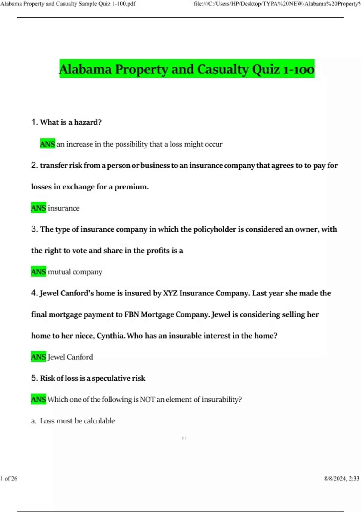 Alabama Property and Casualty Quiz 1-100 Updated (2024 / 2025 ...