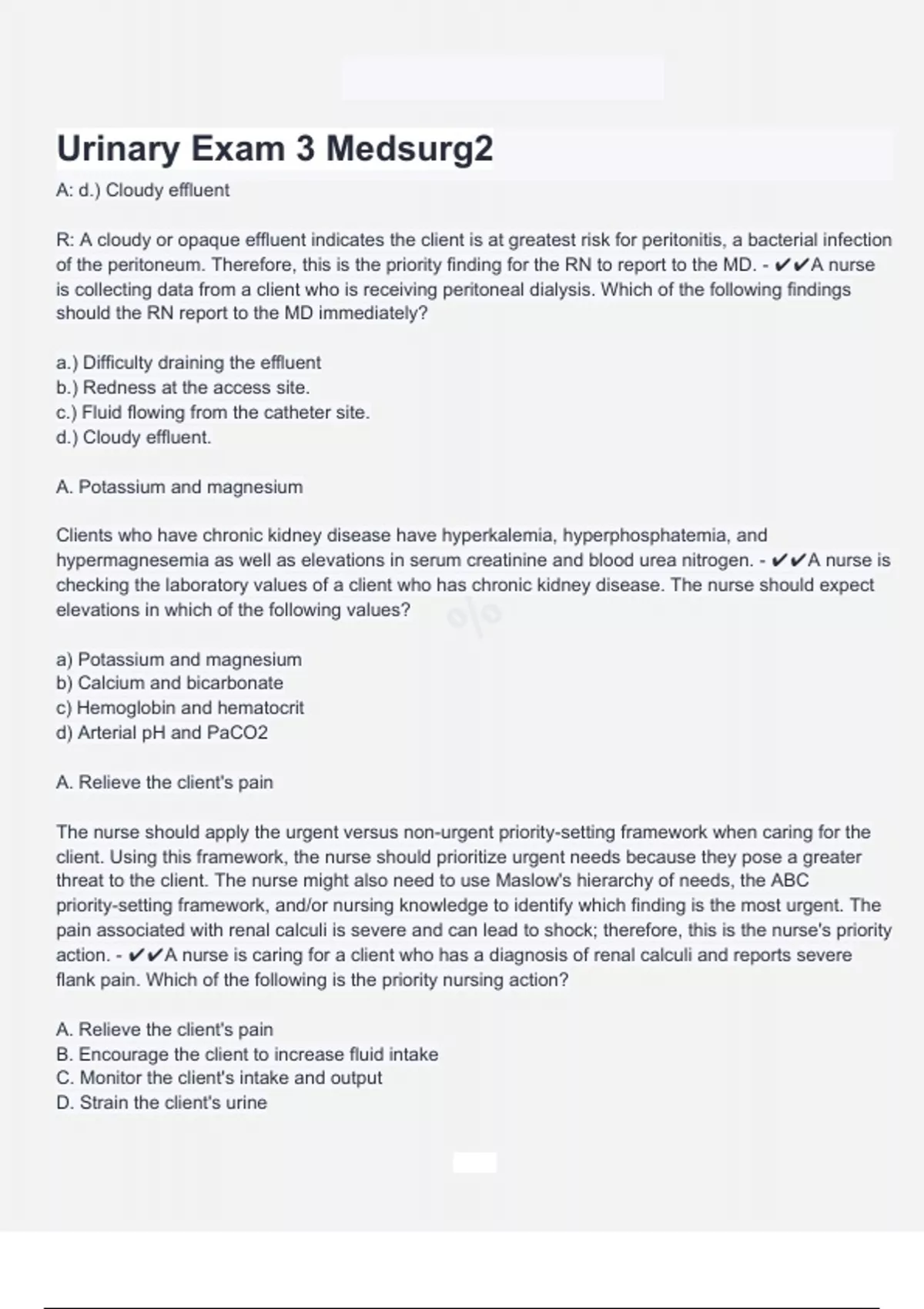 Urinary Exam 3 Medsurg2 Questions &Exam (elaborations) answers 100% ...