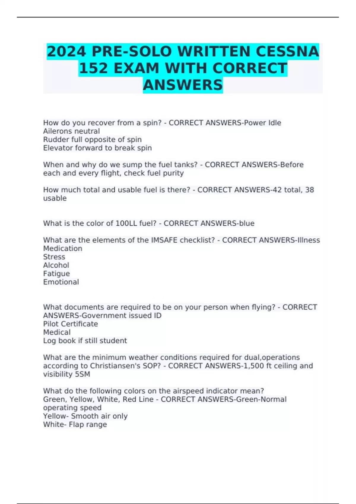 2024 PRE-SOLO WRITTEN CESSNA 152 EXAM WITH CORRECT ANSWERS - PRE-SOLO ...