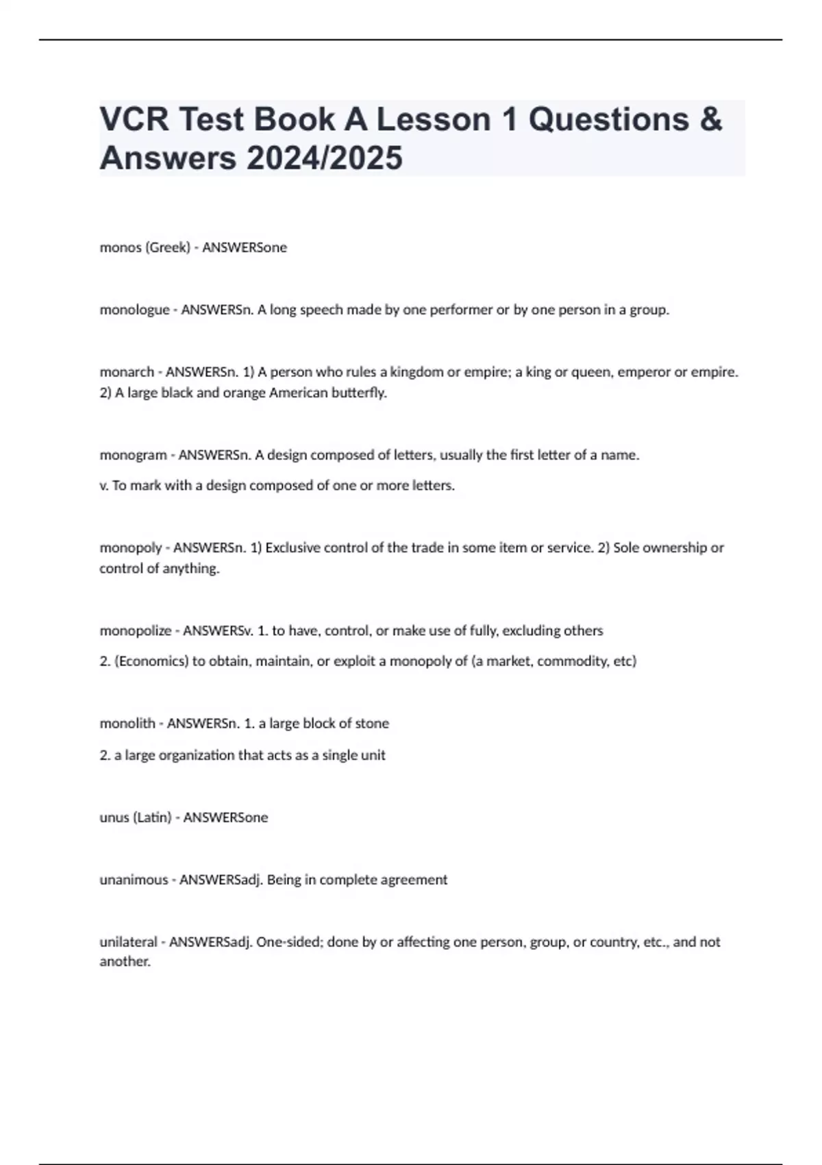 VCR Test Book A Lesson 1 Questions & Answers 2024/2025 - VCR - Stuvia US
