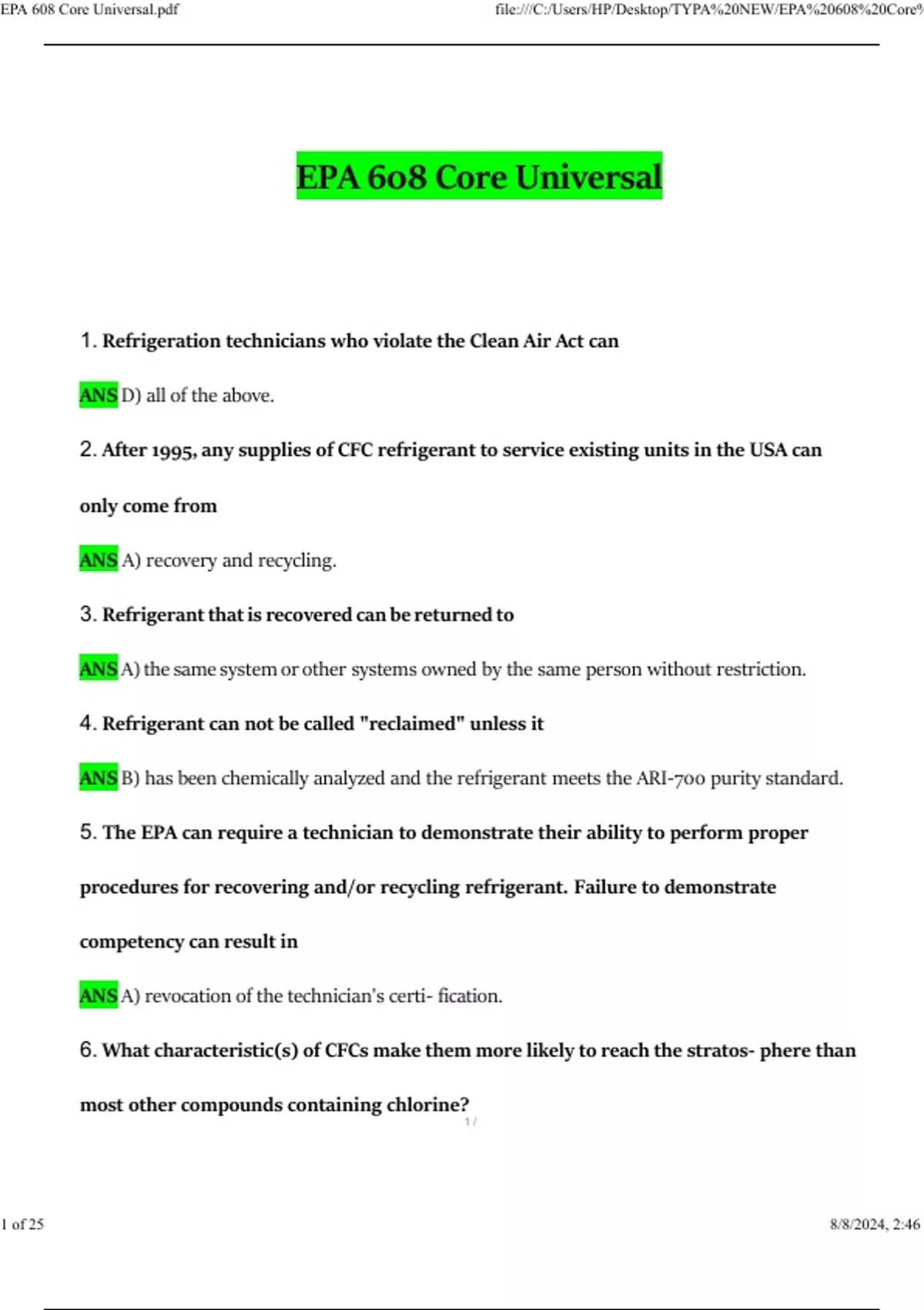 EPA 608 Core Universal With correct Answers 2024 Questions and Answers ...