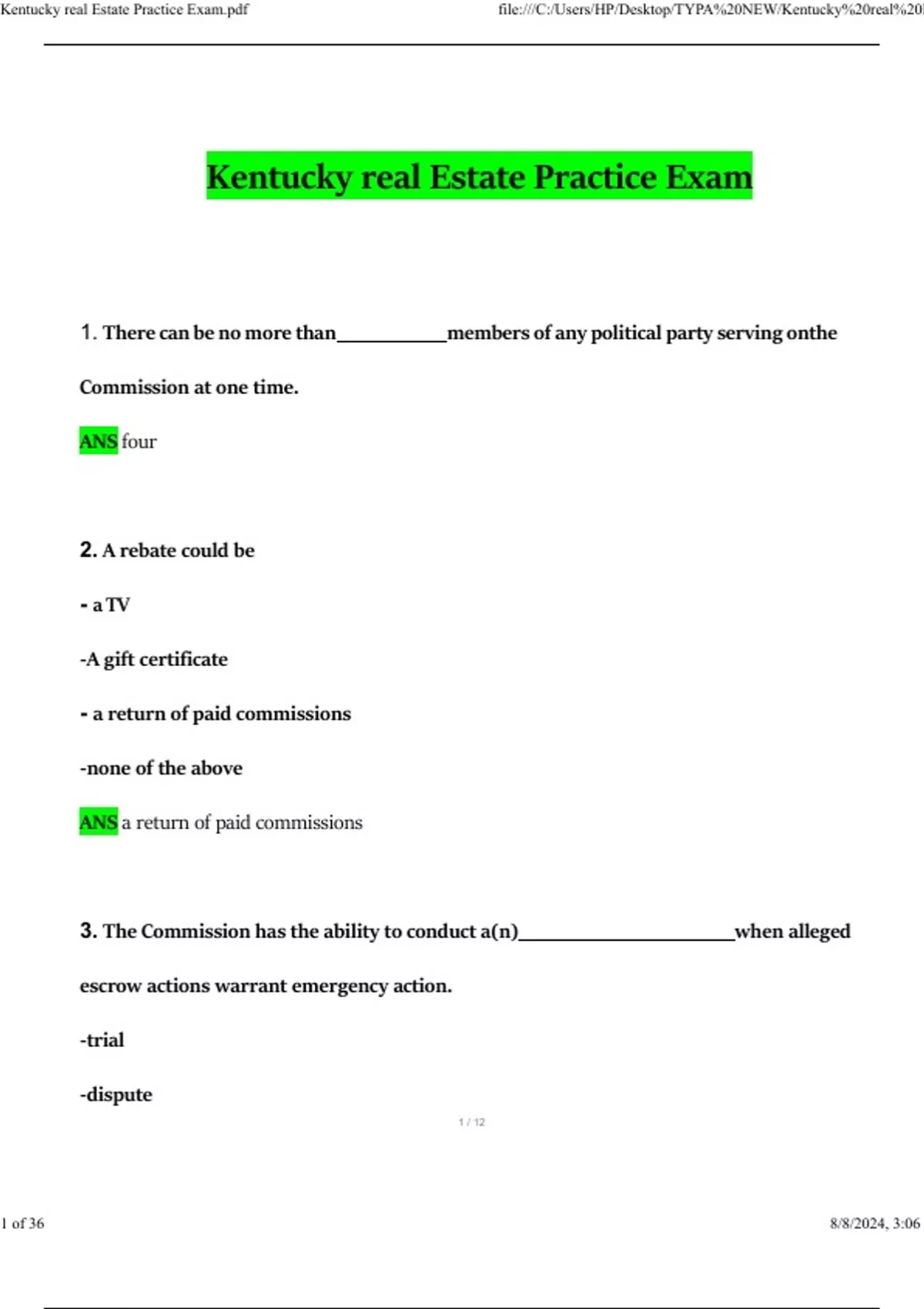 Kentucky real Estate Practice Exam 2024 Questions and Answers 2024 / ...