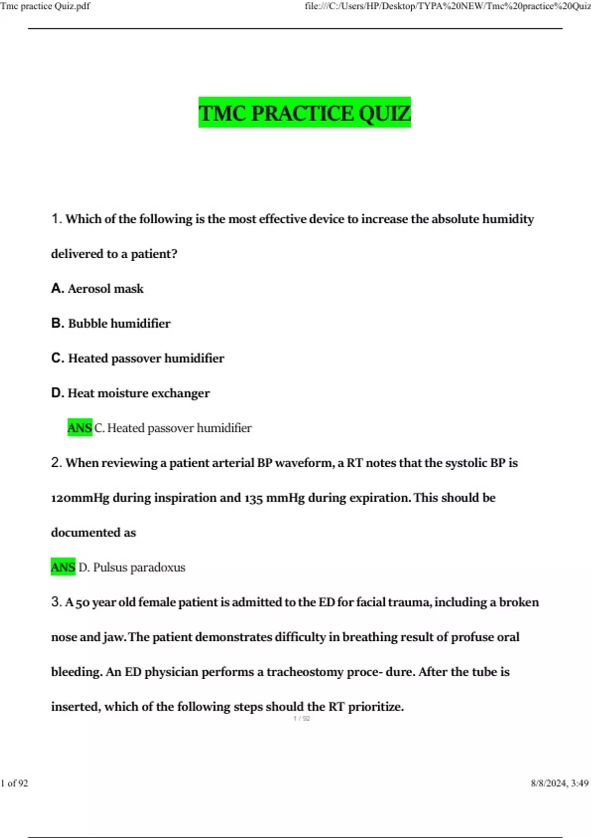 TMC Practice Quiz 2024 Questions and Answers 2024 / 2025 (Verified ...
