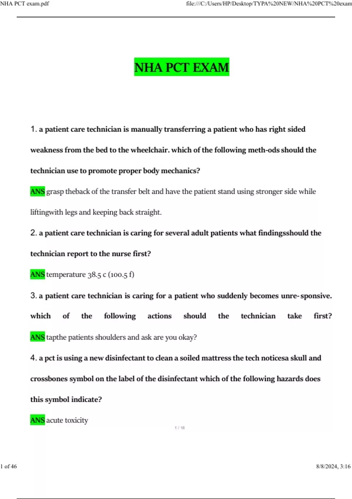 PCT NHA Exam 2024 Questions and Answers 2024 / 2025 (Verified Answers ...