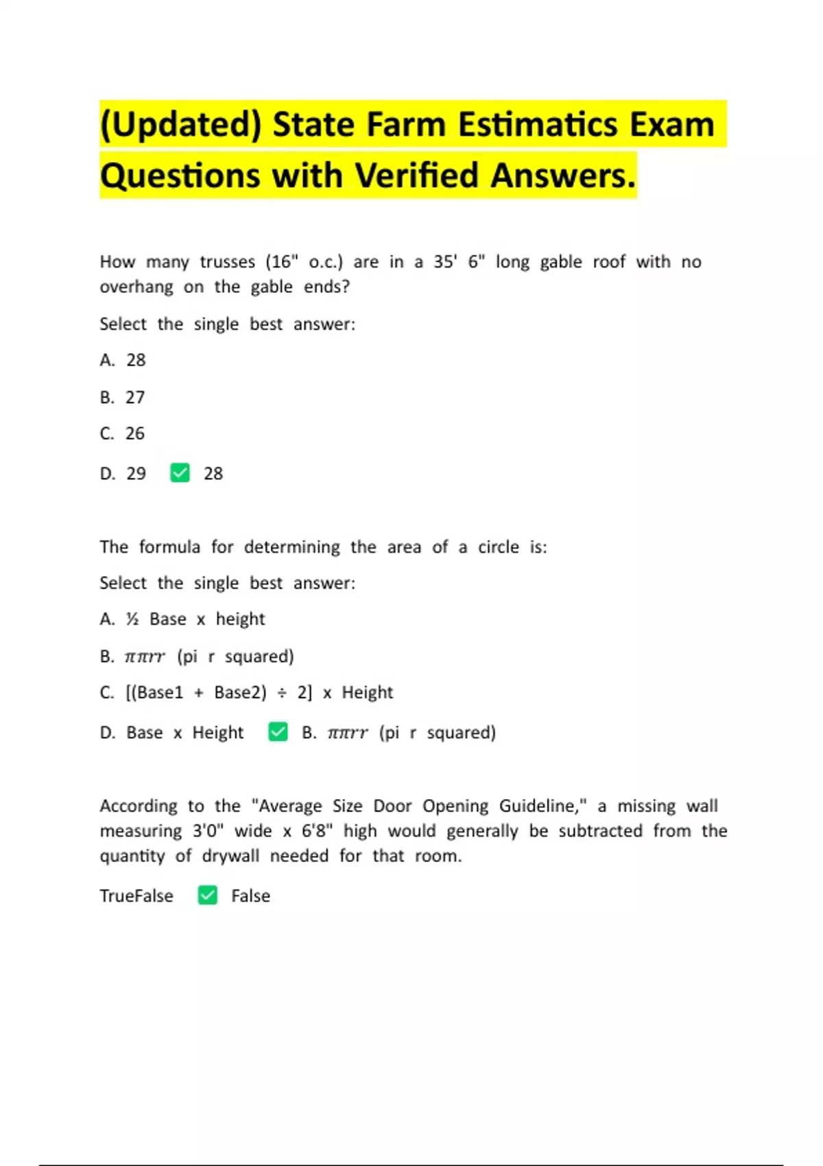 (Updated) State Farm Estimatics Exam Questions with Verified Answers ...