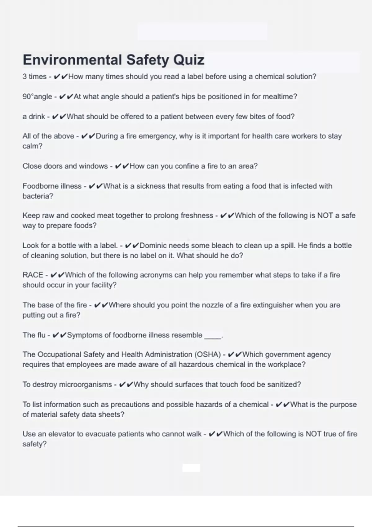 Environmental Safety Quiz Questions &Exam (elaborations) answers 100% ...