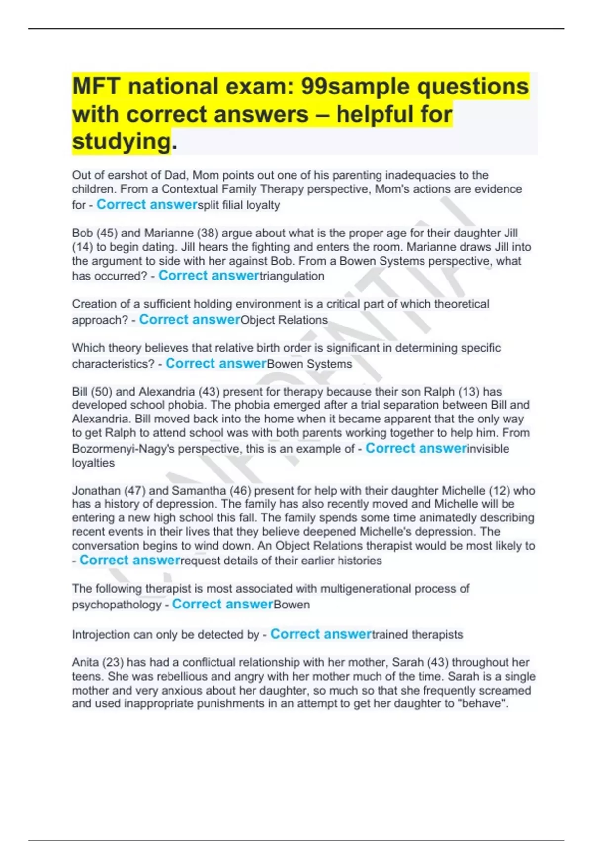MFT national exam: 99sample questions with correct answers – helpful for studying - MFT national ...