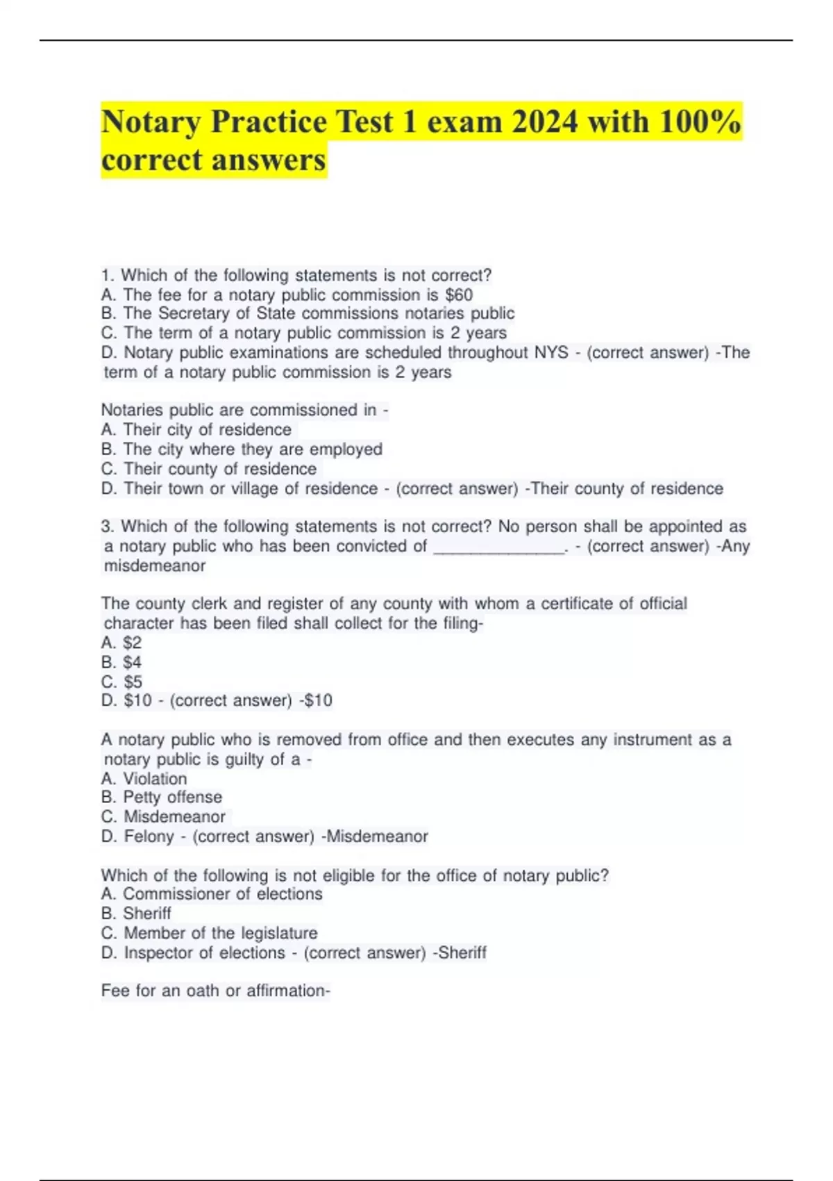 Notary Practice Test 1 exam 2024 with 100% correct answers. - Notary ...