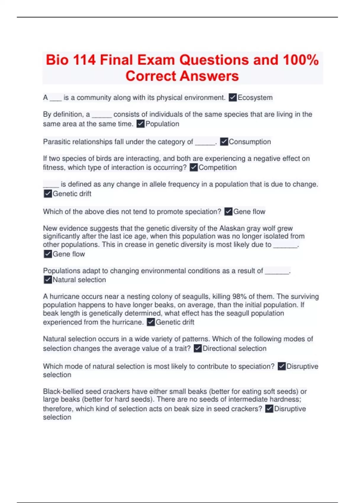 Bio 114 Final Exam Questions and 100% Correct Answers - BIO 114 - Stuvia US