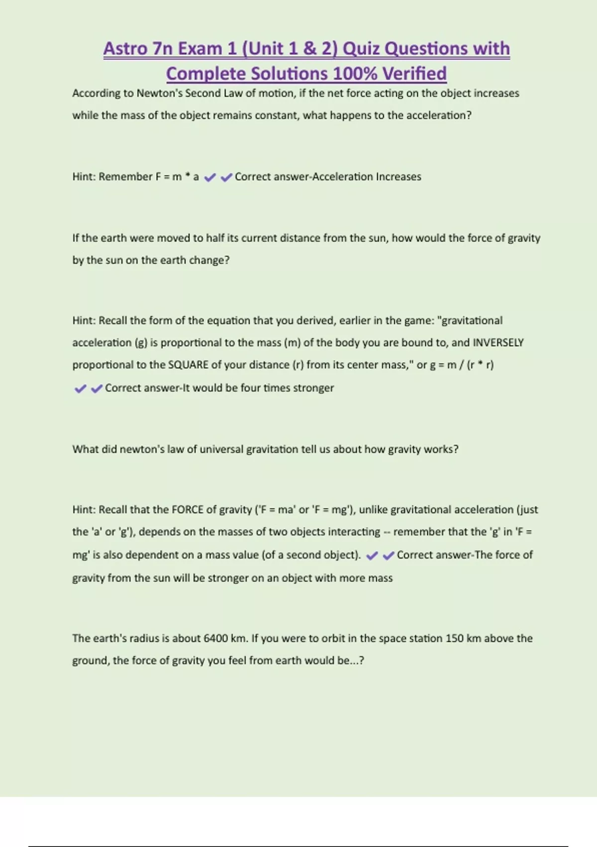 Astro 7n Exam 1 (Unit 1 & 2) Quiz Questions with Complete Solutions 100 ...