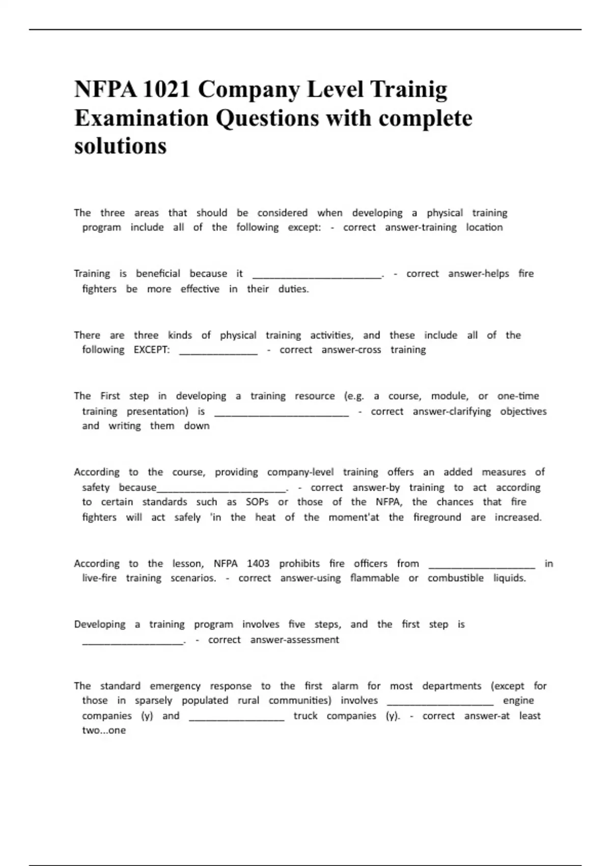 NFPA 1021 Company Level Trainig Examination Questions with complete ...