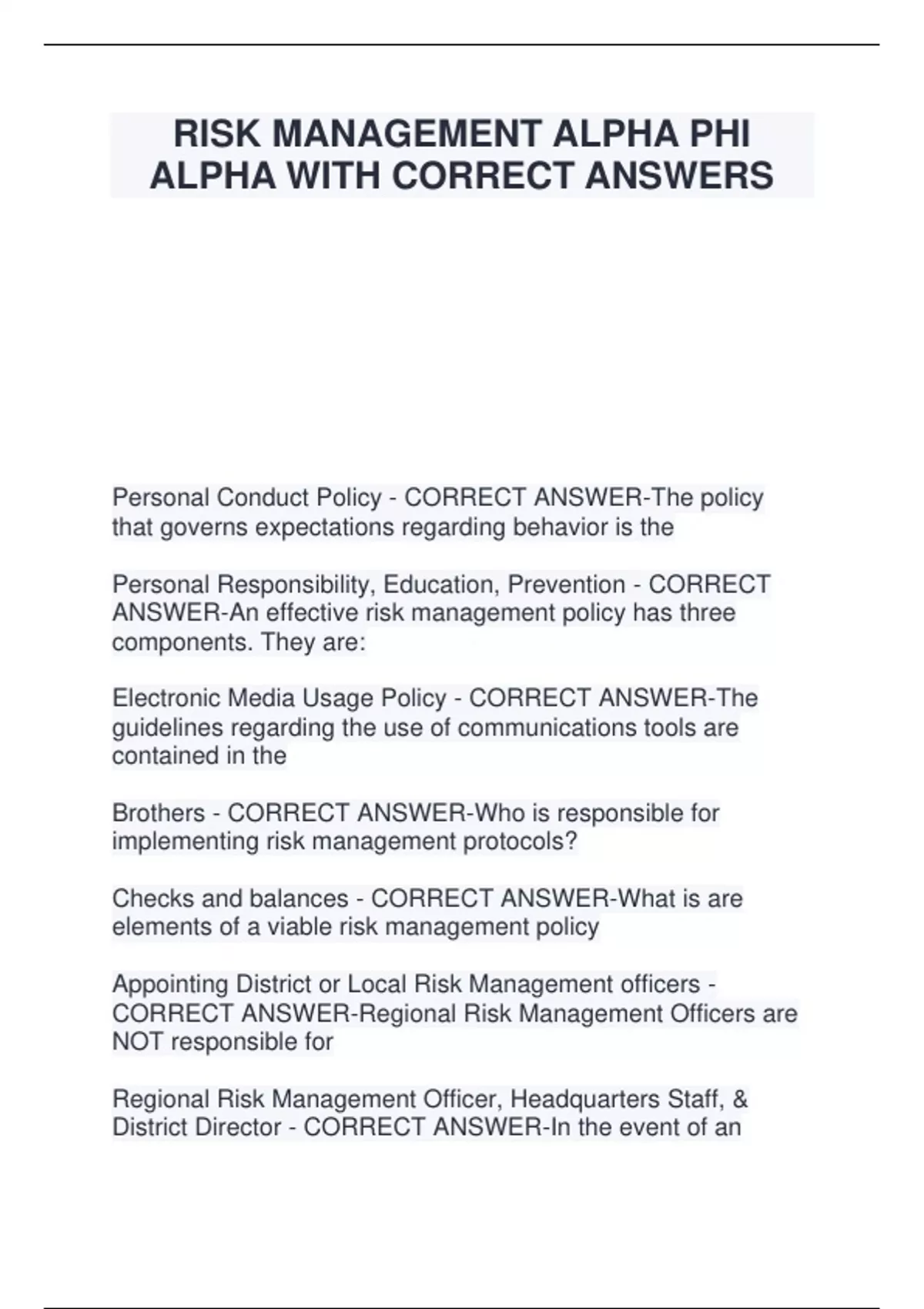 RISK MANAGEMENT ALPHA PHI ALPHA WITH CORRECT ANSWERS - Risk management ...