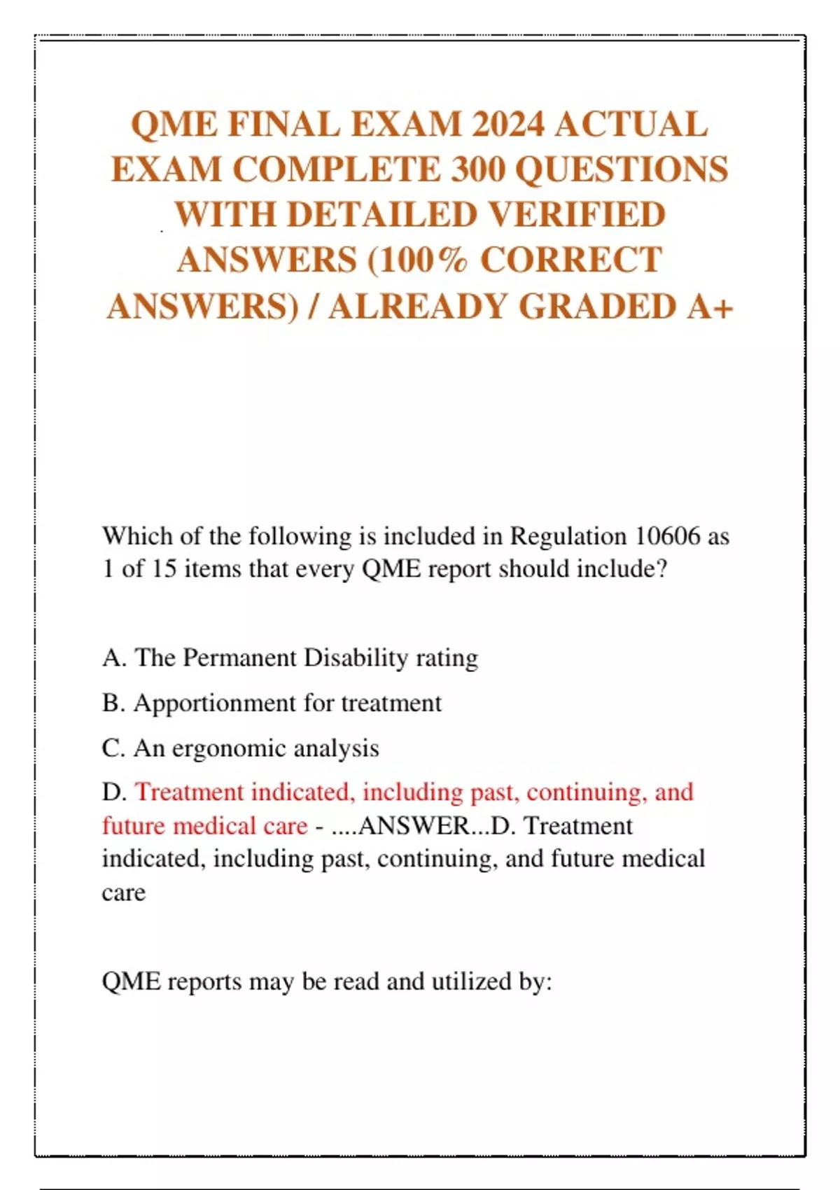 QME FINAL EXAM 2024 ACTUAL EXAM COMPLETE 300 QUESTIONS WITH DETAILED ...