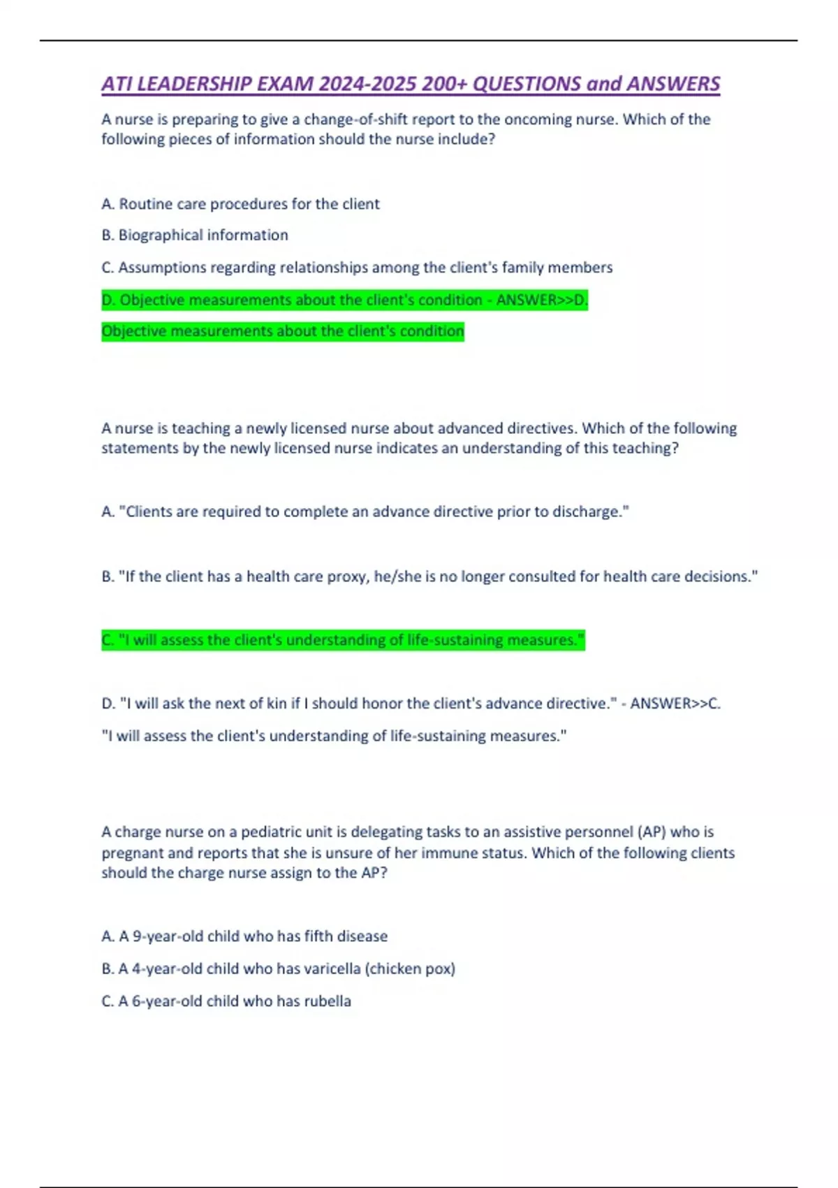 ATI LEADERSHIP EXAM + QUESTIONS and ANSWERS - ATI LEADERSHIP - Stuvia US