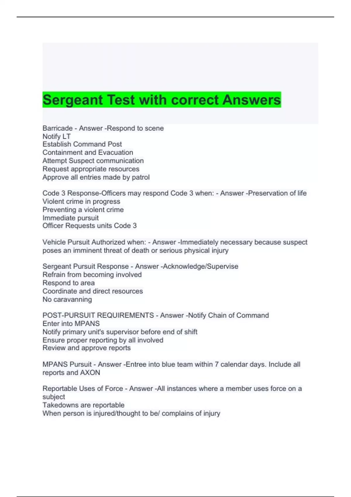 Sergeant Test with correct Answers - Sergeant - Stuvia US