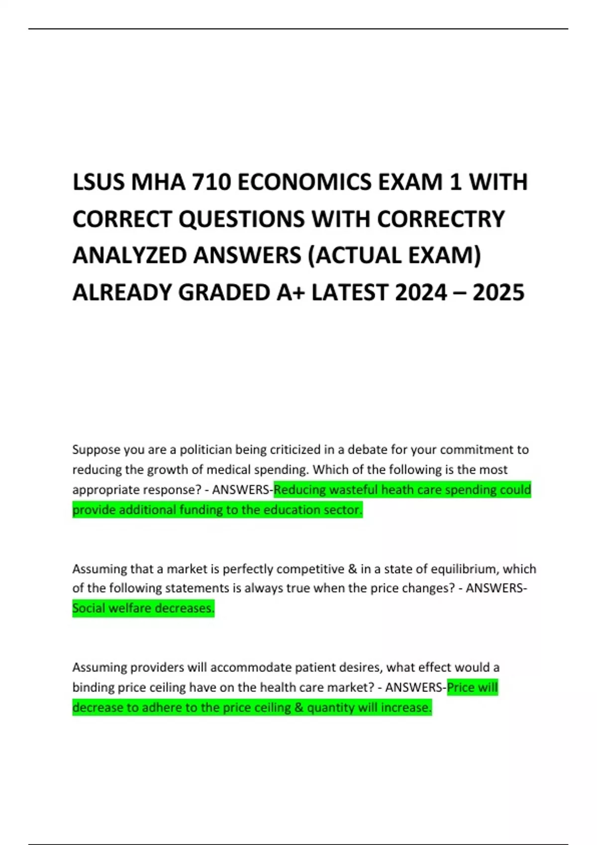 LSUS MHA 710 ECONOMICS EXAM 1 WITH CORRECT QUESTIONS WITH CORRECTRY ...