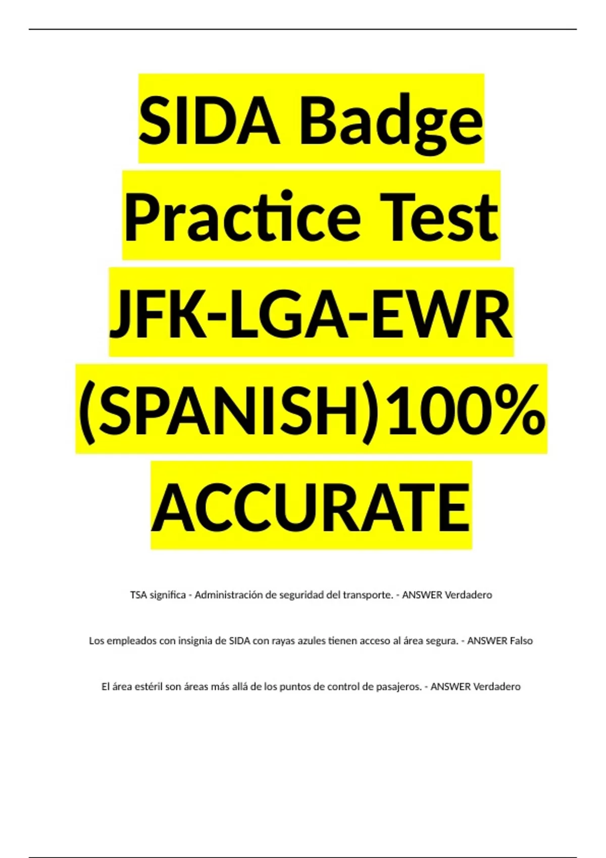 SIDA Badge Practice Test JFK-LGA-EWR (SPANISH)100% ACCURATE - SIDA ...