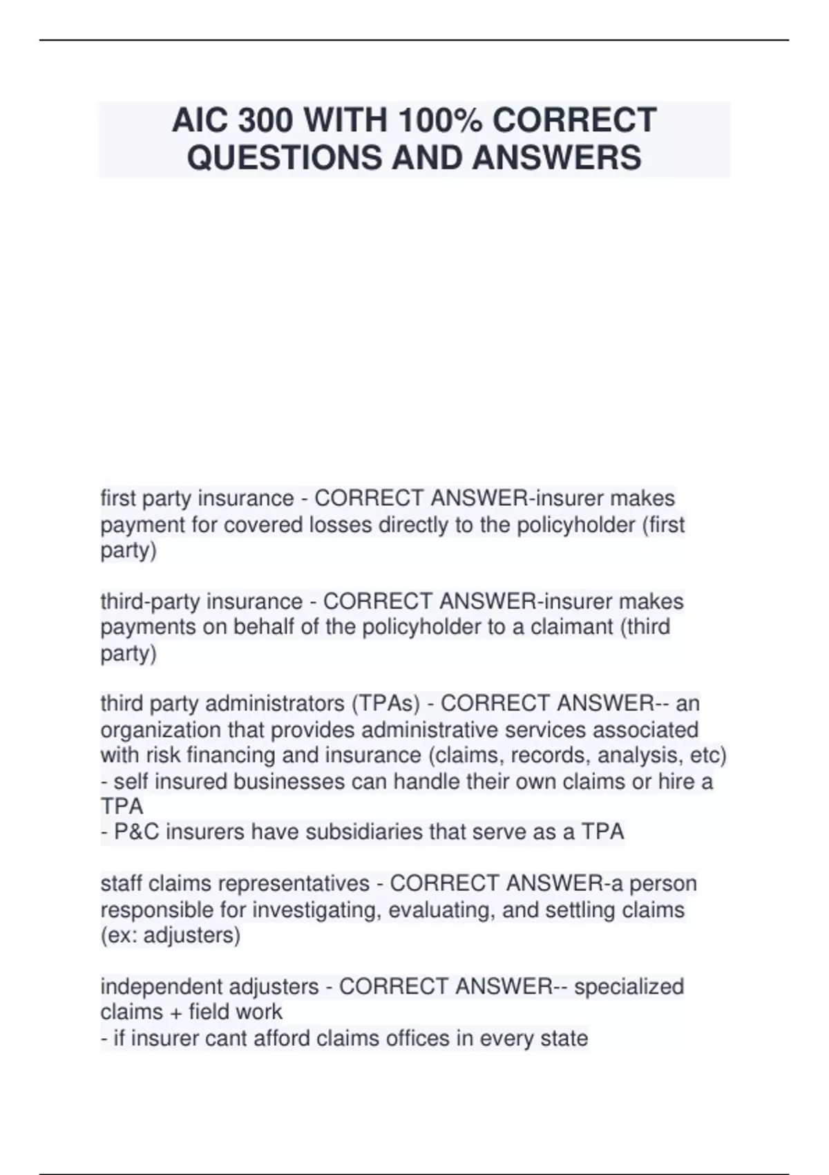 AIC 300 WITH 100% CORRECT QUESTIONS AND ANSWERS - Aic 300 - Stuvia US