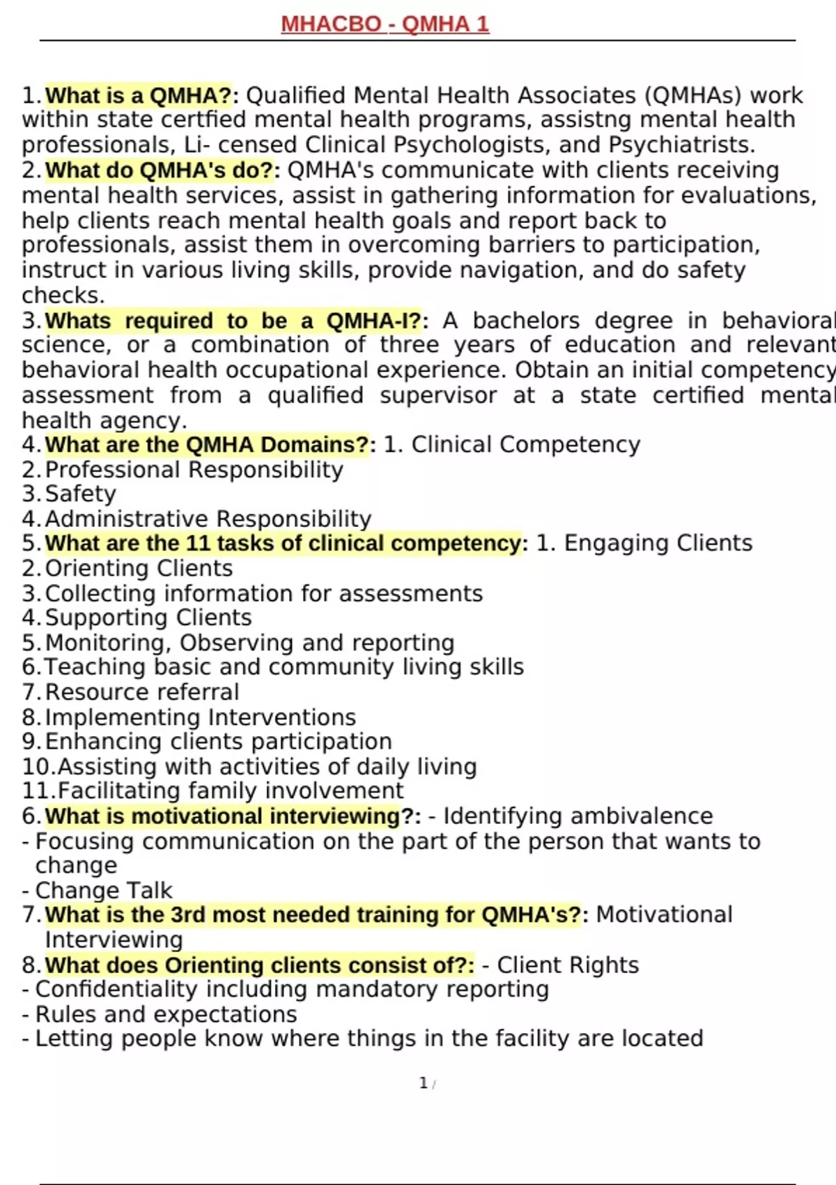 MHACBO - QMHA 1 EXAM 2024 WITH 100% CORRECT ANSWERS - MHACBO - QMHA 1 - Stuvia US
