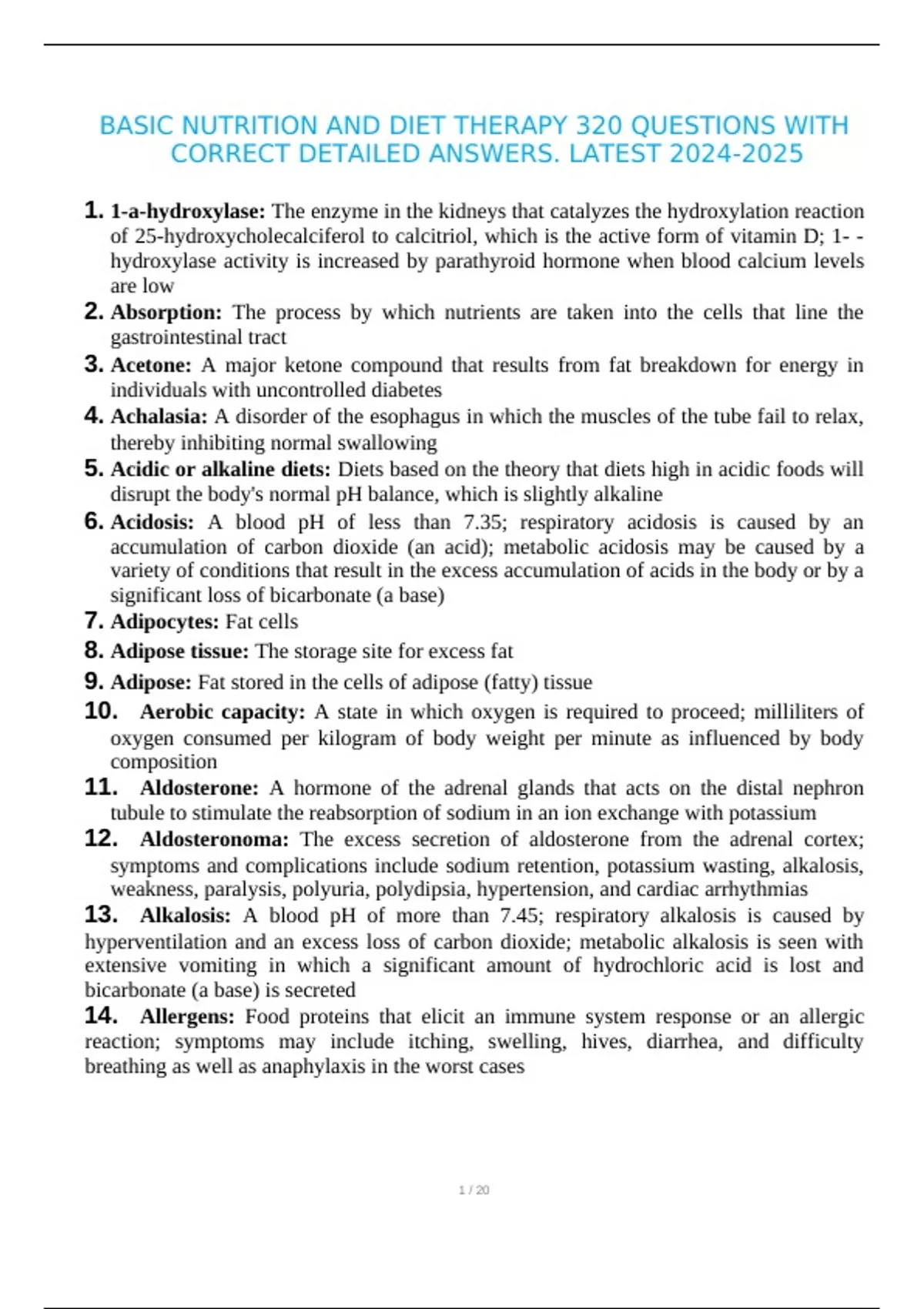 BASIC NUTRITION AND DIET THERAPY 320 QUESTIONS WITH CORRECT DETAILED ...