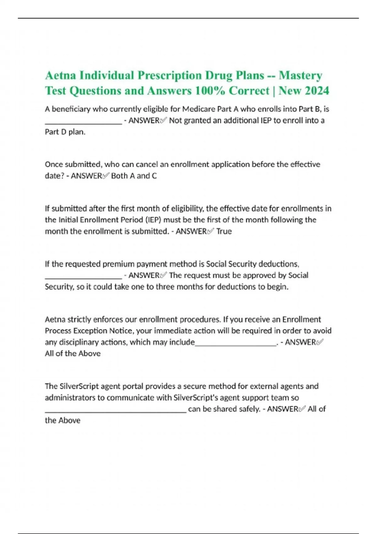 Aetna Individual Prescription Drug Plans -- Mastery Test Questions and ...