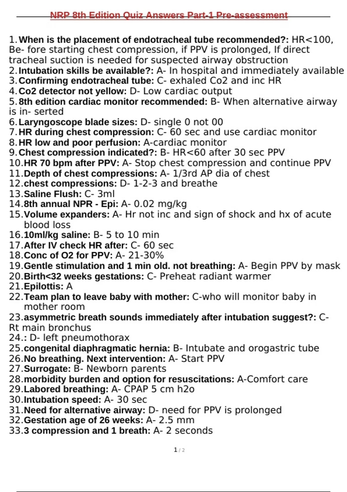 NRP 8th Edition Quiz Answers Part-1 Pre-assessment Questions with Complete Solutions - Neonatal ...