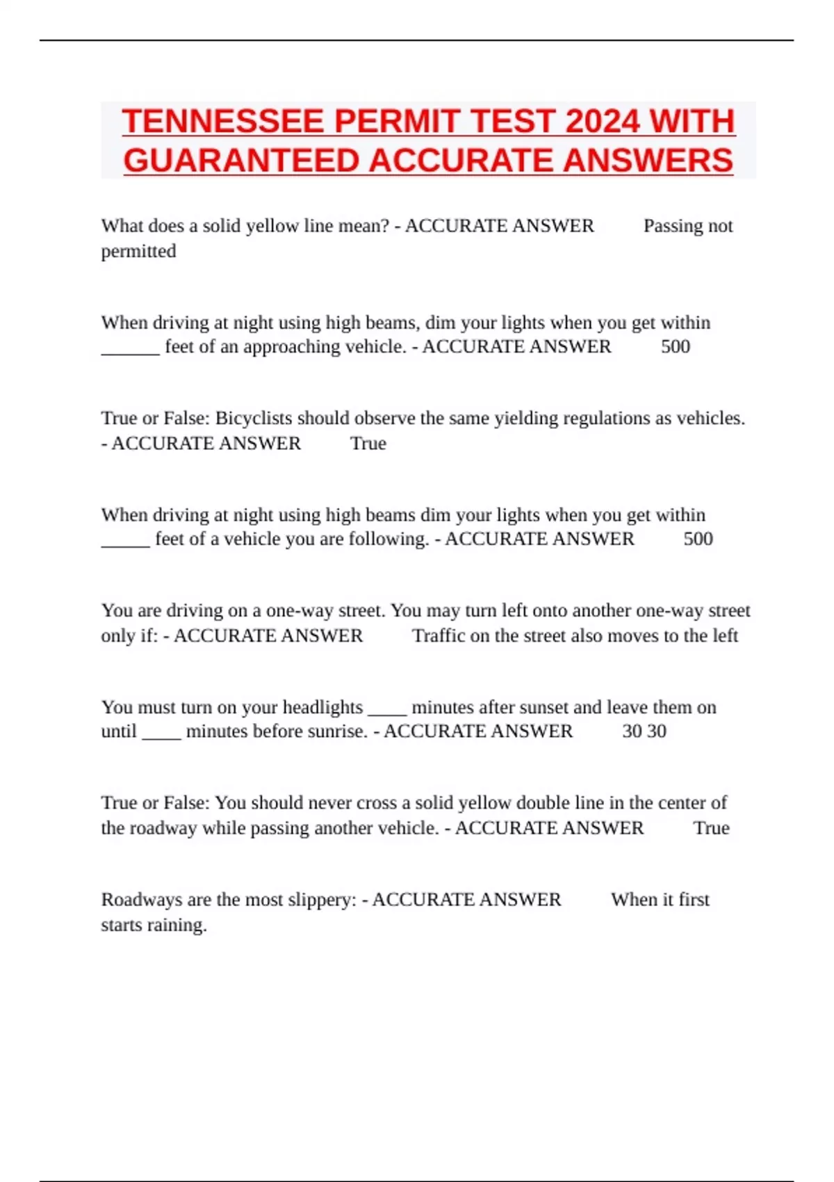 TENNESSEE PERMIT TEST 2024 WITH GUARANTEED ACCURATE ANSWERS - Tennessee ...