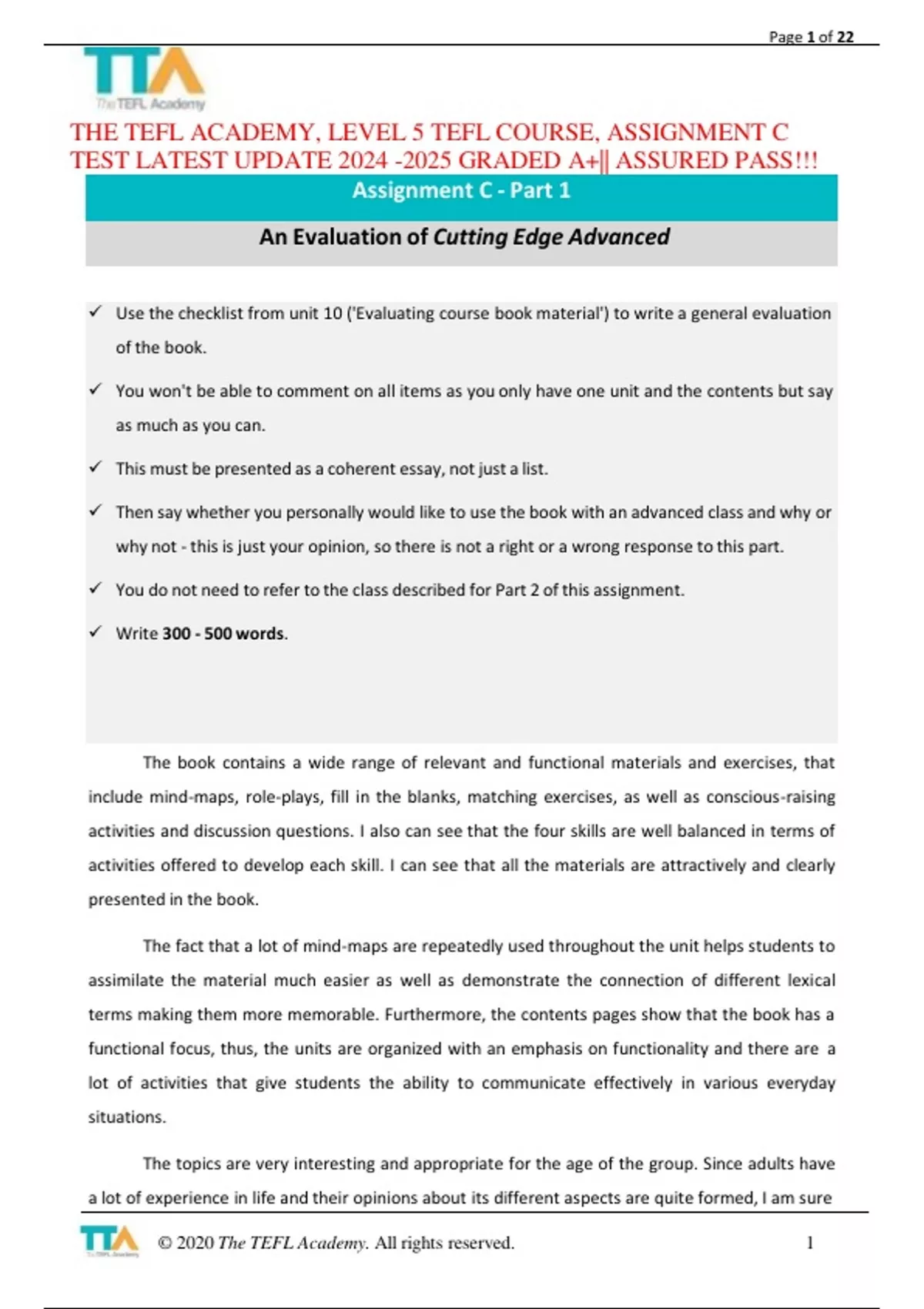 THE TEFL ACADEMY, LEVEL 5 TEFL COURSE, ASSIGNMENT C TEST LATEST UPDATE ...