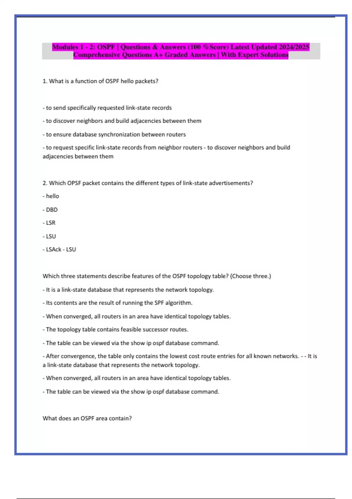 Modules 1 2 Ospf Questions And Answers 100 Score Latest Updated 2024 2025 Comprehensive