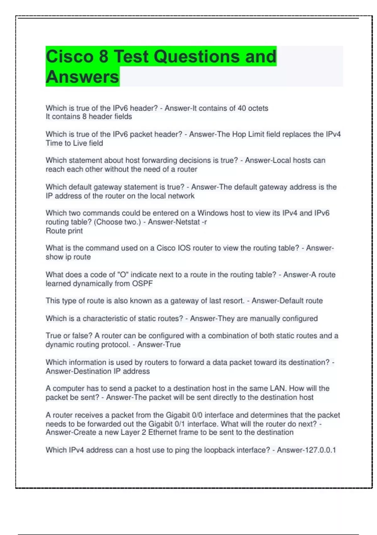 Cisco 8 Test Questions and Answers - Cisco 8 - Stuvia US