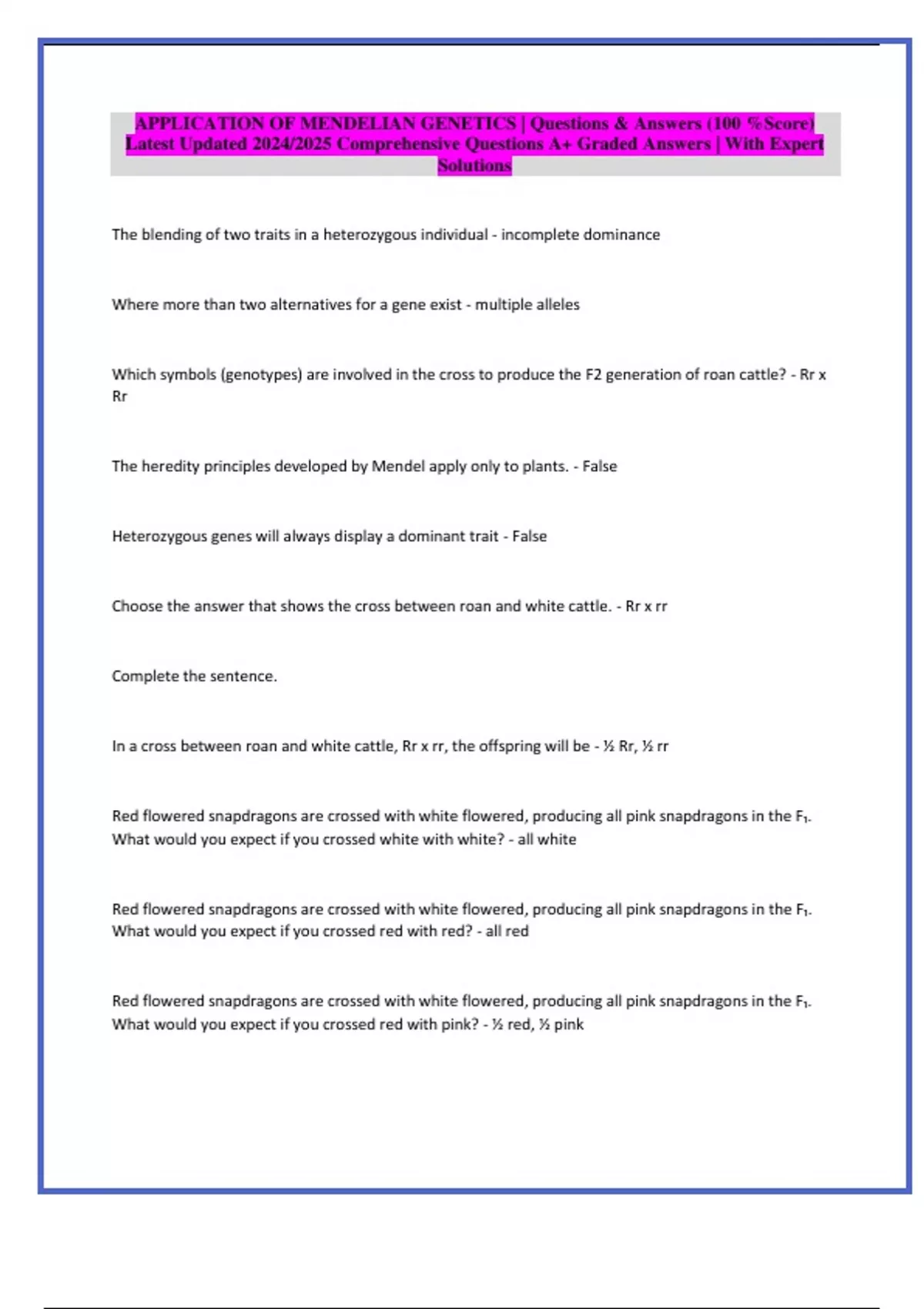 APPLICATION OF MENDELIAN GENETICS | Questions & Answers (100 %Score ...