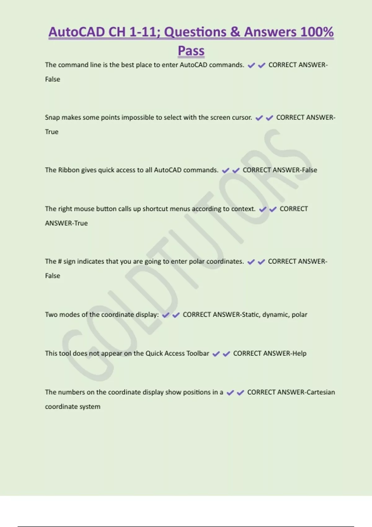 AutoCAD CH 1-11; Questions & Answers 100% Pass - AUTOCAD - Stuvia US