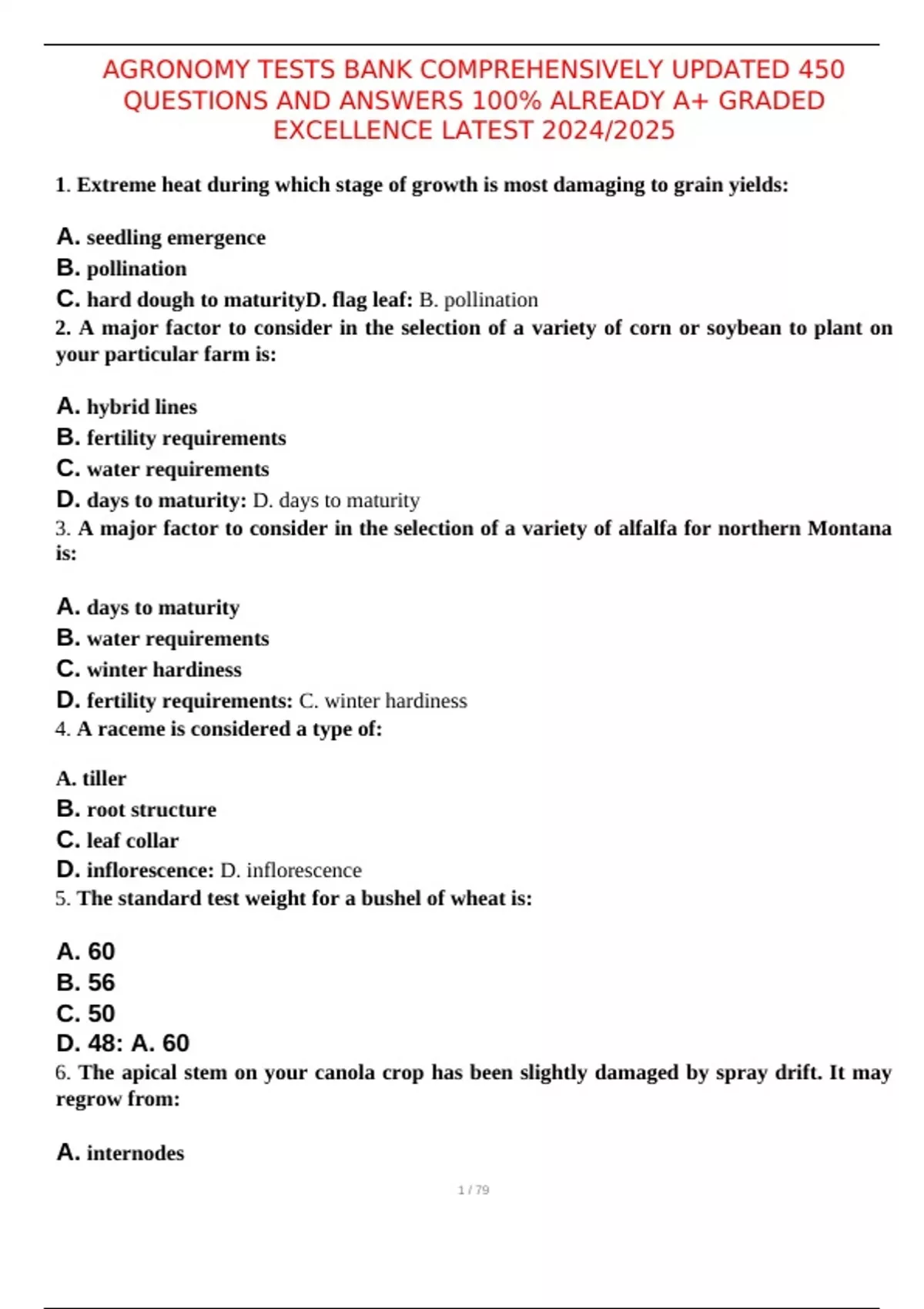 AGRONOMY TESTS BANK COMPREHENSIVELY UPDATED 450 QUESTIONS AND ANSWERS ...