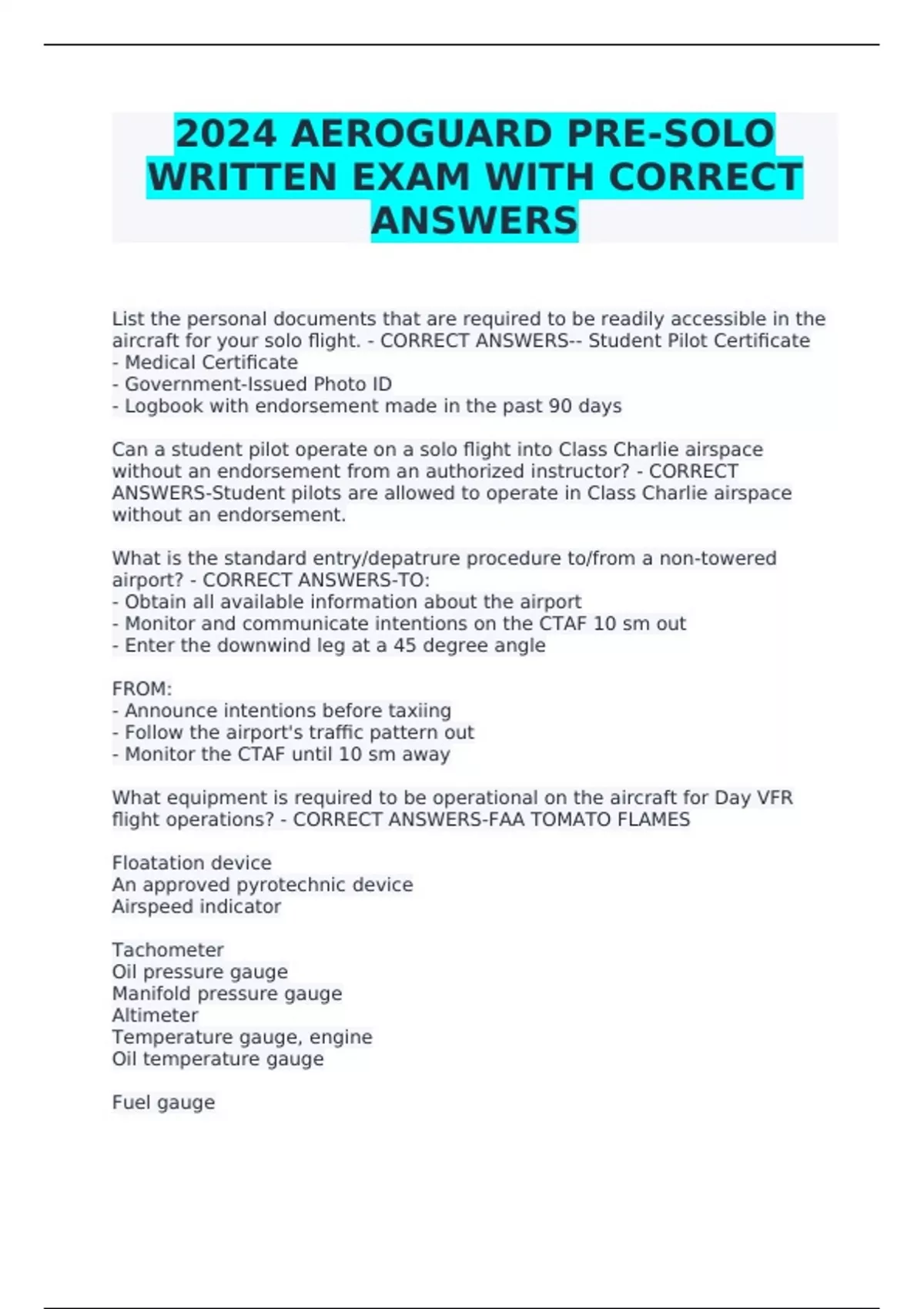 2024 AEROGUARD PRE-SOLO WRITTEN EXAM WITH CORRECT ANSWERS - AEROGUARD ...