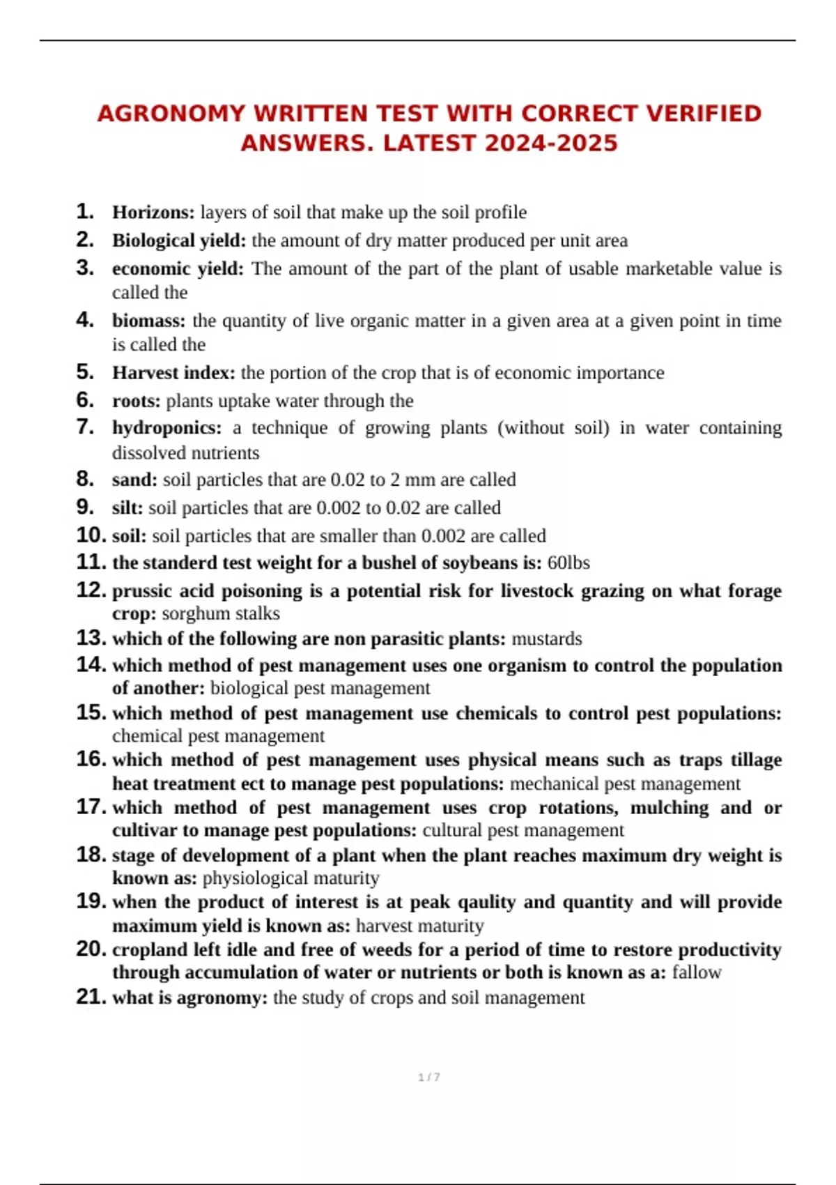 AGRONOMY WRITTEN TEST WITH CORRECT VERIFIED ANSWERS. LATEST - AGRONOMY ...
